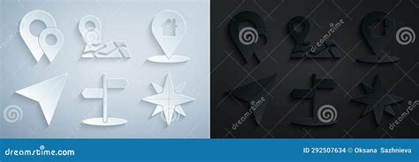 Set Road Traffic Sign Map Pointer With House Paper Airplane Wind