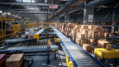 Premium Ai Image A Hyper Detailed Shot Of A Package Sorting Facility With Conveyor Belts And