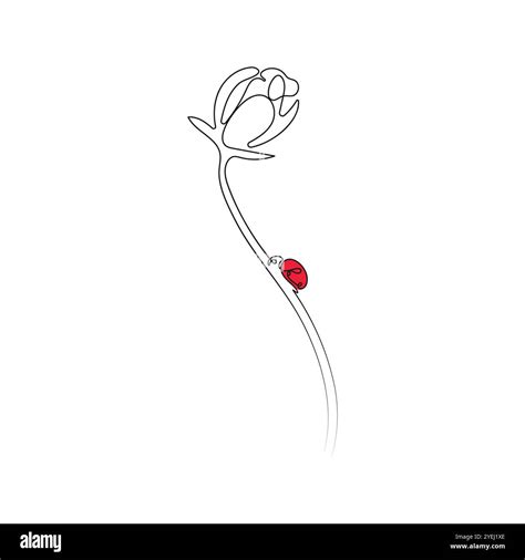 Ladybug Sitting On Flower One Line Art Spring Vector Illustration