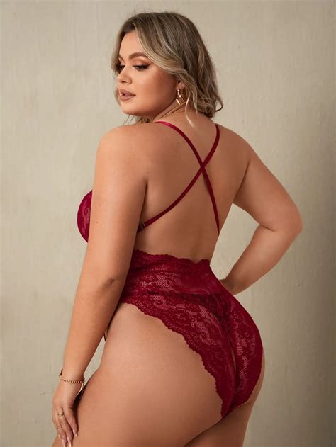 Deep Love Red Lace Woman Sexy Plus Size Spandex Knit Fashion Bodysuits