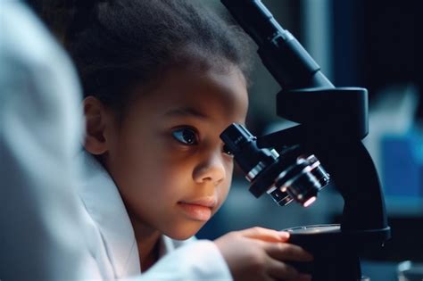 Premium Ai Image Shot Of A Young Girl Looking At A Microscope In A Lab Created With Generative Ai