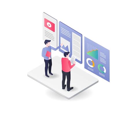 Premium Vector Flat Isometric Illustration Concept Two People Control The Data Analysis Monitor