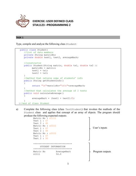 Exercise 4 User Defined Class Exercise User Defined Class Stia1123 Programming 2 Task 1