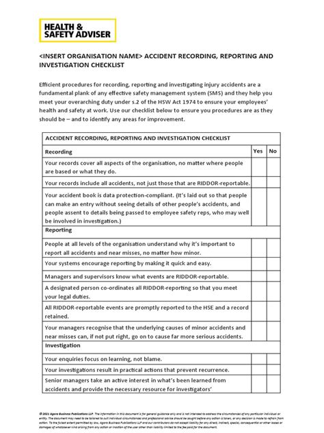 Accident Recording Reporting And Investigation Checklist Pdf Business