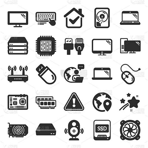 计算机部件图标。一套主板，cpu和互联网，usb电缆。向量