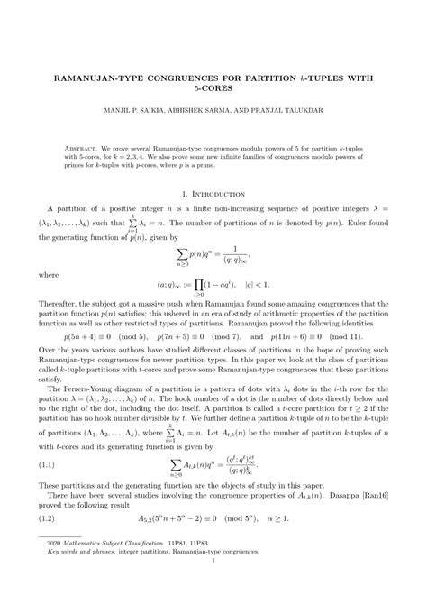 Pdf Ramanujan Type Congruences For Partition K Tuples With 5 Cores