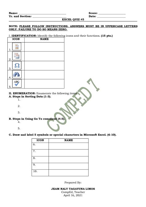 EXCEL QUIZ Pdf Name Score Yr