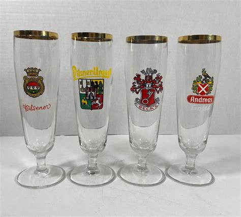 Vintage And Rare 1960s Pilsner Stemmed Beer Glasses With Gold Trim X 4