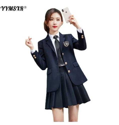 90 Kg 여성 유니폼 대학 스타일 정장 학교 유니폼 새로운 우아한 긴팔 숙녀 재킷 주름 치마 2 피스 티몬