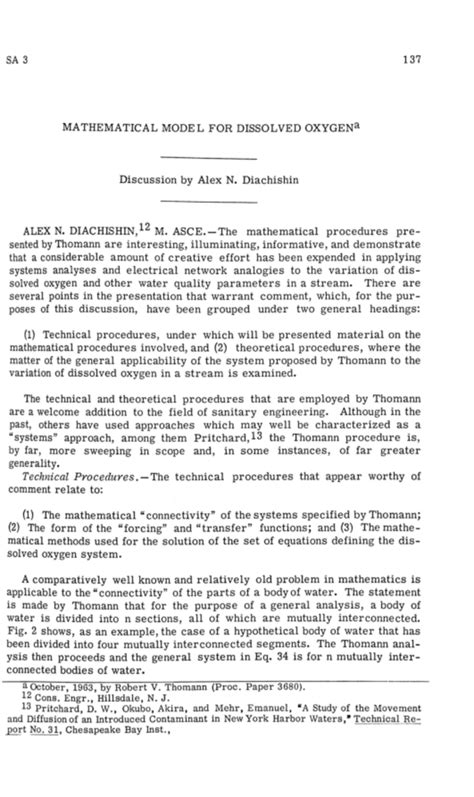 Discussion Of Mathematical Model For Dissolved Oxygen” Journal Of The Sanitary Engineering