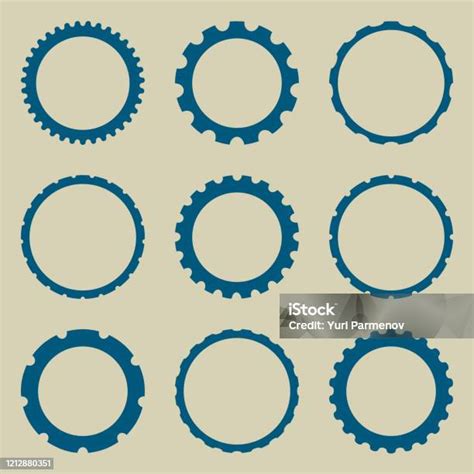 기계 기어 추상 아이콘의 실루엣 둥근 우편 우표 또는 자동차 휠 아이콘 벡터 원 프레임 세트 병 뚜껑에 대한 스톡 벡터 아트 및 기타 이미지 Istock