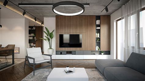 인테리어 디자인 아키텍처 컴퓨터는 거실의 이미지를 생성 아키텍처 시각화 3d 렌더링 모던 양식에 대한 스톡 사진 및 기타 이미지 Istock