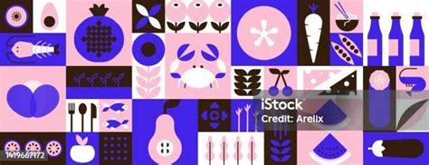 기하학적 모자이크 음식 배경 천연 녹색 유기농 과일 야채 해산물 패턴 간단한 바우 하우스 스타일 벡터 아트 0명에 대한 스톡