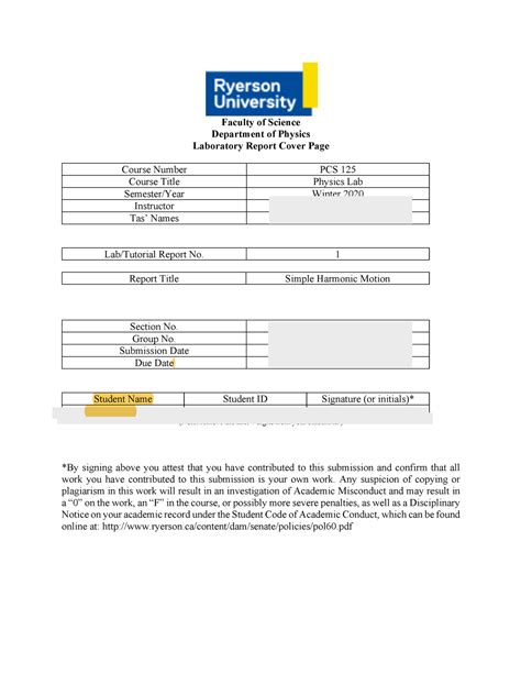 Physics Lab Report Cover Page