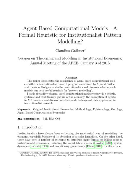 Agent Based Computational Models Exploring The Potential Of Using Ace Models As A Formal