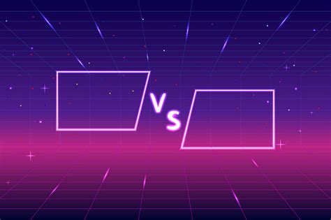 네온 프레임과 대 기호가 있는 대결 게임 화면 복고풍 미래파 공상 과학 배경 빛나는 네온 그리드 그리고 빈티지 아케이드 콤프의