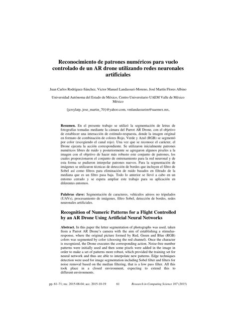 Pdf Reconocimiento De Patrones Numéricos Para Vuelo Controlado De Un Ar Drone Utilizando Redes