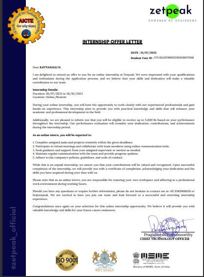 kavyanjali n on linkedin offerletter zetpeak aicte