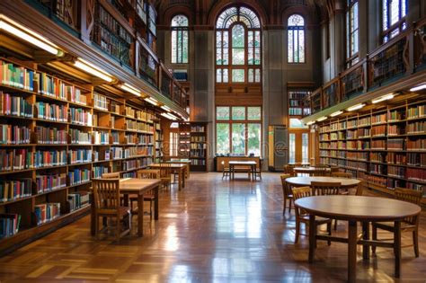Quiet Library Interior With A Reading Area Surrounded By Bookshelves