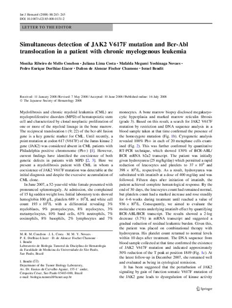 Pdf Simultaneous Detection Of Jak2 V617f Mutation And Bcr Abl