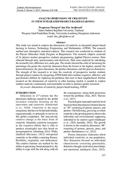 Pdf Analysis Dimensions Of Creativity In Stem Integrated Project