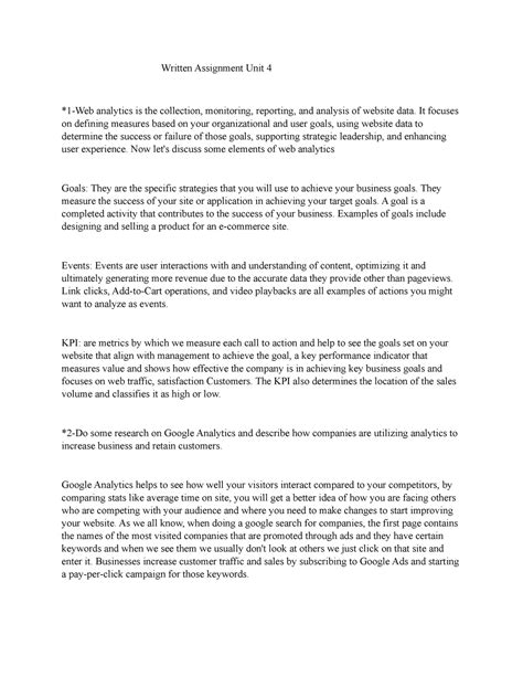 Writen Assignment Week 4 Written Assignment Unit 4 1 Web Analytics