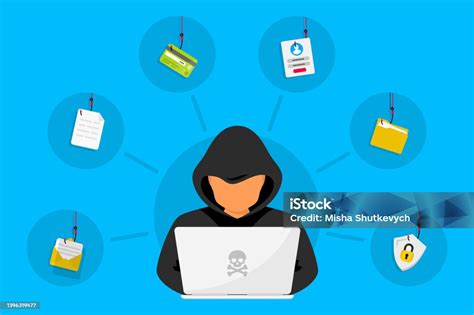 해커 및 사이버 범죄자 피싱 및 사기 온라인 사기 및 도둑질 해커가 바탕 화면에 앉아서 개인 데이터 사용자 로그인 암호 문서 전자 메일 및 신용 카드를 훔치는 피싱 피싱에