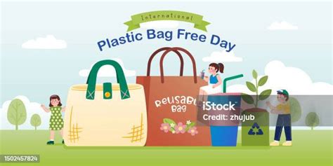 깨끗한 대기 오염 배경에 에코 백과 재사용 가능한 텀블러를 가진 사람들 벡터 일러스트레이션 7월에 대한 스톡 벡터 아트 및 기타