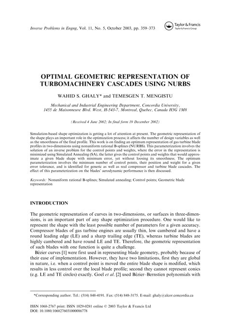 Pdf Optimal Geometric Representation Of Turbomachinery Cascades Using