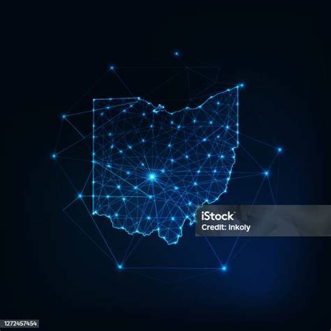 오하이오 주 미국 지도 빛나는 실루엣으로 만든 별 라인 점 삼각형 낮은 다각형 모양 오하이오에 대한 스톡 벡터 아트 및 기타 이미지 오하이오 테크놀로지 지도 Istock