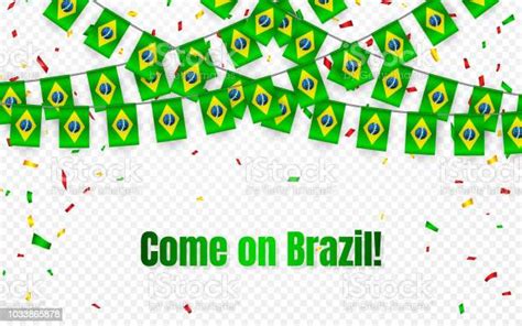 투명 한 배경 색종이와 브라질 갈 랜드 깃발 걸어 축 하 템플릿 배너 벡터 일러스트 레이 션에 대 한 멧 새 노랑에 대한 스톡 벡터 아트 및 기타 이미지 Istock