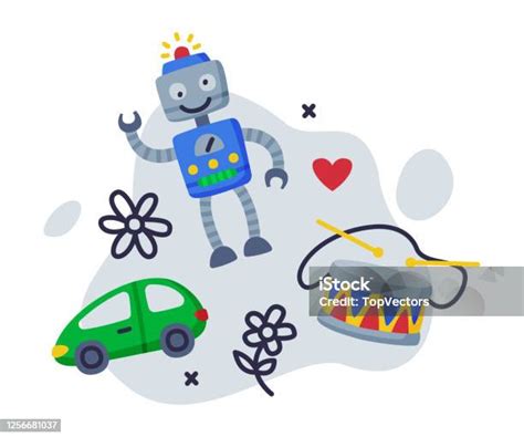 로봇 자동차 드럼 아기 장난감 세트 키즈 게임 다양한 개체 만화 벡터 일러스트 0명에 대한 스톡 벡터 아트 및 기타 이미지 0명 교육 귀여운 Istock