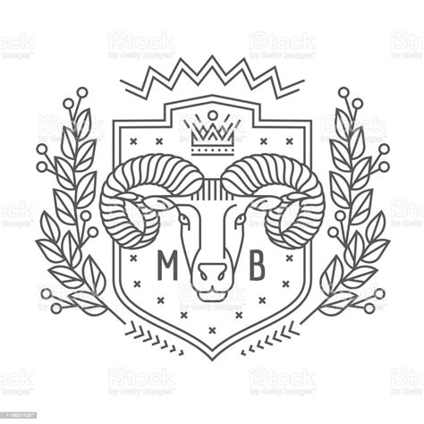 선형 인그레이빙 스타일의 램 헤드가 있는 엠블럼 배지 갑옷 기호 선형 조각의 스타일 팔의 코트 전령 양자리 조디악 기호입니다 로고에 대한 스톡 벡터 아트 및 기타 이미지