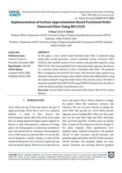 Pdf Implementation Of Carlson Approximation Based Fractional Order Universal Filter Using Mo Cccii