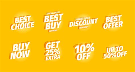 판매는 세트를 제공 합니다 최고의 선택 구매 광고 프로 모션 포스터 세트입니다 노란색 배경에 3d 문자 특별 제공 슬로건 구매에