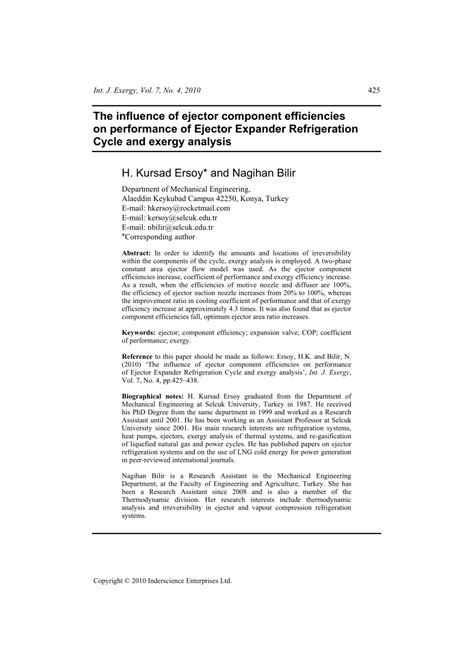 Pdf The Influence Of Ejector Component Efficiencies On Performance Of