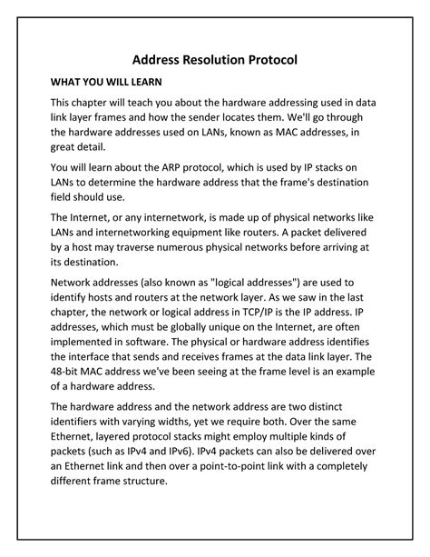 Address Resolution Protocol Address Resolution Protocol WHAT YOU WILL LEARN This Chapter