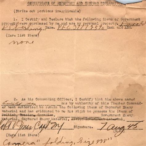 1945 Wwii Certificate Of Retentions Document Customs Declaration 828 Camera 5p £13 07 Picclick Uk