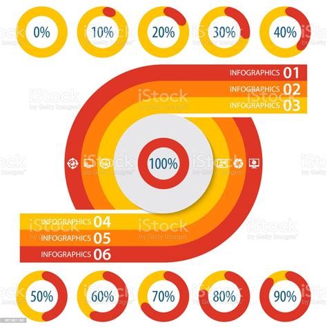 비즈니스 인포 그래픽에 대 한 원형 차트의 집합입니다 웹 Design3d Infographic 요소에 대 한 진행 상황 바입니다 빨간색노란색 스타일 3차원 형태에 대한 스톡