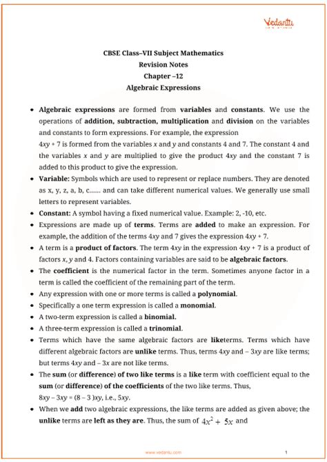 Cbse Class 7 Maths Chapter 12 Algebraic Expressions Revision Notes Cbse Class 7 Maths Chapter 12 Algebraic Expressions Revision Notes