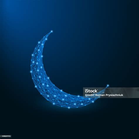 라마단 카림에 대한 낮은 폴리 이슬람 초승달 파란색 배경의 다각형 와이어프레임 메시 달 하늘에 대한 스톡 벡터 아트 및 기타