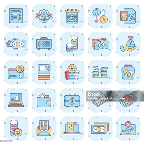 만화 스타일로 설정 돈 금융 아이콘 흰색 고립 된 배경에 지불 만화 벡터 그림 통화 예산 스플래시 효과 비즈니스 개념 금융에 대한 스톡 벡터 아트 및 기타 이미지 Istock