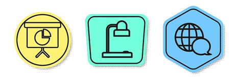 그래프 일정 차트 다이어그램 인포그래픽 파이 그래프 테이블 램프 및 음성 버블로 만든 월드 맵을 사용하여 라인 프리젠 테이션 재무 보드를 설정합니다 컬러 셰이프입니다 벡터