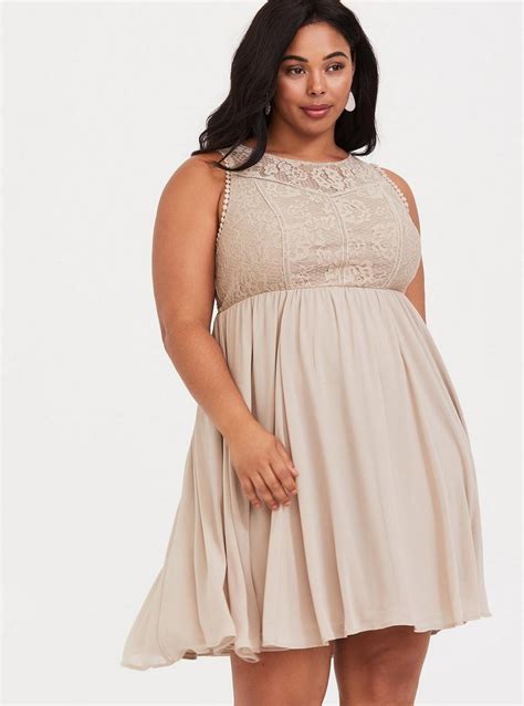 Plus Size Stone Beige Lace And Chiffon Skater Dress Torrid