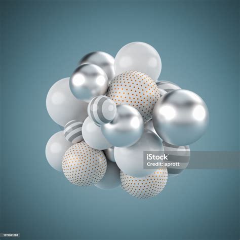 은색 흰색 및 회색의 부동 구가 모여 있는 추상적인 배경입니다 부분적으로 황금 점과 줄무늬 구에 대한 스톡 사진 및 기타 이미지 Istock