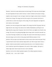 Biology 103 Calorimetry Lab Questions Biology 103 Calorimetry Lab Questions Question 1 What Do