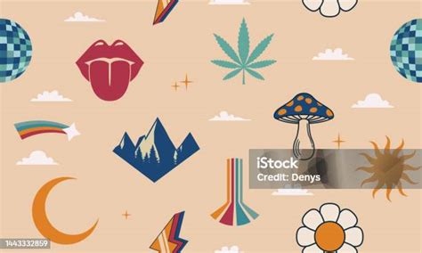 복고풍 70 년대 완벽 한 패턴입니다 복고풍 사이키델릭 배경 힙 스터 디자인 밝은 배경에 격리된 빈티지 다채로운 아이콘 벡터 그림 버스에 대한 스톡 벡터 아트 및 기타