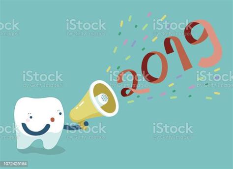 치과의 새 해 복 많이 받으세요 확성기 단일 흰 치아 건강 한 치아 구강 위생 말하는 치아 현대 평면 만화 캐릭터 일러스트 레이 터 케어 아이 치과 및 치과 개념에 대 한