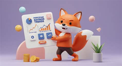 Cute Fox Cartoon Character Presenting Popular Savings Trends Data On Tablet Stock Illustration
