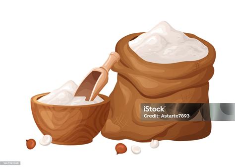 씨앗이있는 나무 그릇에 퀴노아 가루 건강한 글루텐 프리 식품 유기농 제품에 파우데 흰색 배경에 고립된 벡터 일러스트 레이 션 밀가루에 대한 스톡 벡터 아트 및 기타 이미지